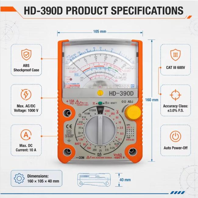 IMHOO HD-390D Analog Pointer Multimeter AC DC Voltage 10A Auto Off Multi Meter Multimetro Shockproof Appliance Repair ODM CE