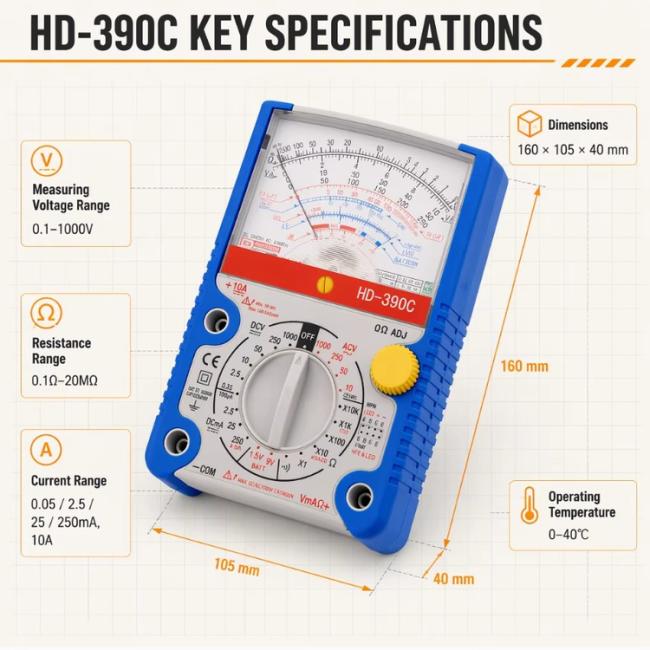 IMHOO HD-390C Analog Manual Range Multimeter 10A CAT III 600V AC DC Voltage Multi Meter Multimetro HFE Tester ODM CE
