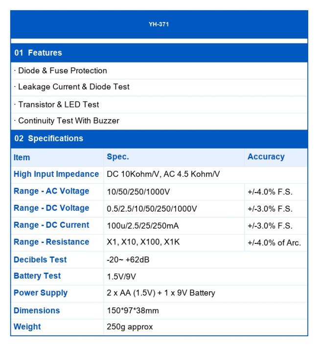 IMHOO YH-371 Analog Manual Range Multimeter AC DC Voltage Current Resistance Multi Meter Multimetro Tester ODM CE