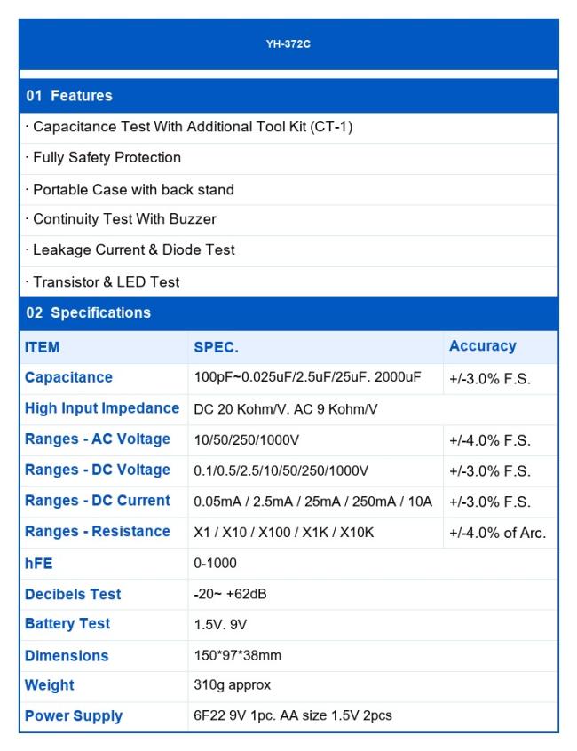 IMHOO YH-372C Analog Manual Range Multimeter AC DC Voltage Current Resistance 10A Multi Meter Multimetro Tester ODM CE