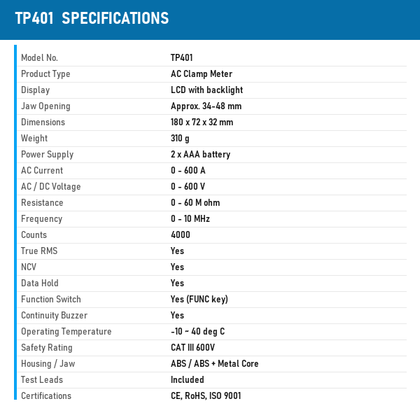 Clamp Meter TP401 600A AC True RMS 4000 Counts Digital Multimeter Tester Multi Meter Multimetro HVAC ODM CE CAT III