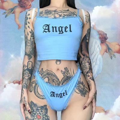 China De tweedelige Sexy Druk van Meisjesangel underwear set black letter Te koop