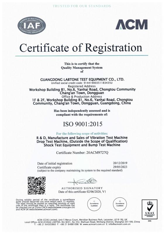 ISO 9001 : 2015 Certificate - Labtone Test Equipment Co., Ltd