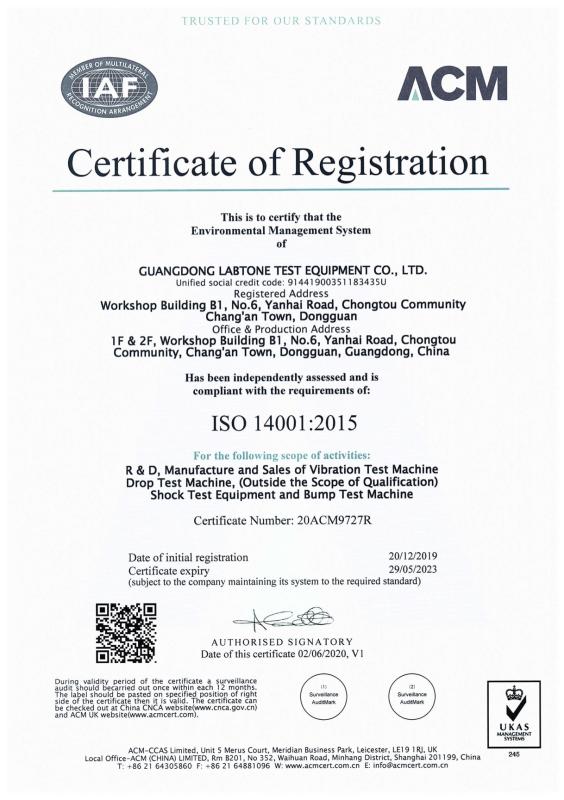 ISO 14001 : 2015 Certificate - Labtone Test Equipment Co., Ltd