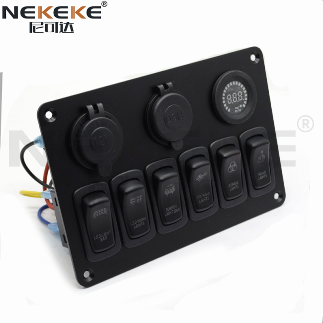 Close-up view of marine toggle switch panel
