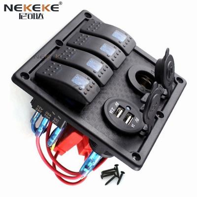 China 4 Gang Waterproof Rocker Switch Panel Box Dual USB Socket Mixing Panel For Boat for sale