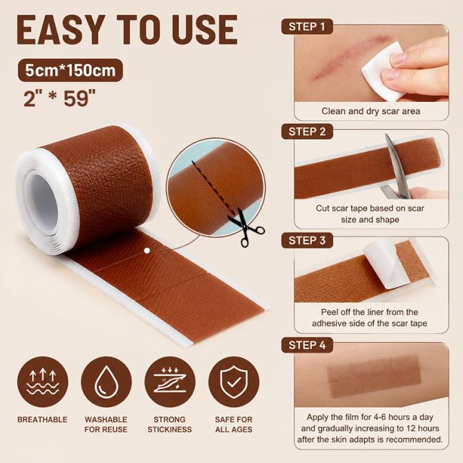 Silicone gel scar tape roll with a long strip extended to the left