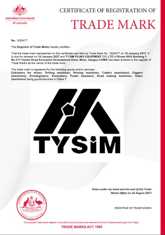 Certificate of Registration of Trade Mark - TYSIM PILING EQUIPMENT CO., LTD