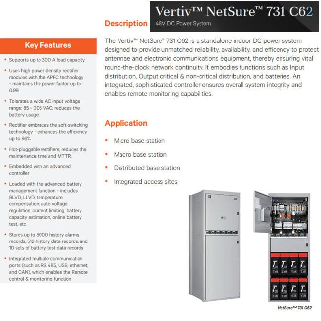 Vertiv NetSure 731 C62 installed in equipment room environment
