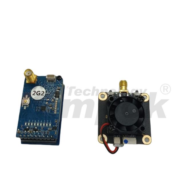 FPV 2.2G 1.6W VTX Video Transmitter front view showing connections and mounting holes