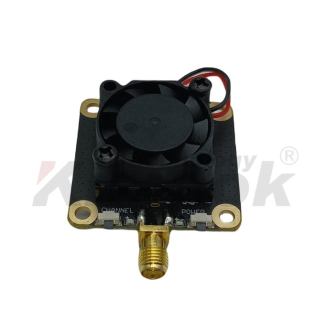 FPV 2.2G 1.6W VTX Video Transmitter side view showing SMA connector and cooling fan