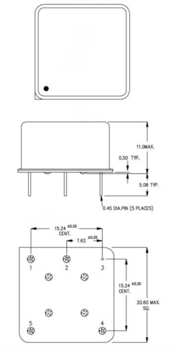 LT-CR series OCXO outline drawing with dimensions 20×20×11mm