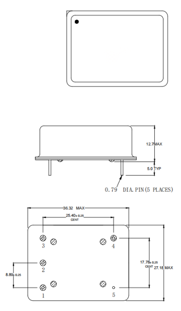 Outline drawing of LT-CR series oven controlled crystal oscillator showing dimensions 36 × 27 × 12.7mm