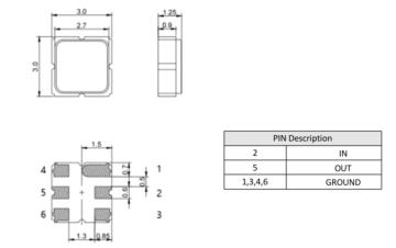 Technical diagram of LT-SF-1300M-10M-3030 RF SAW Bandpass Filter showing dimensions and layout