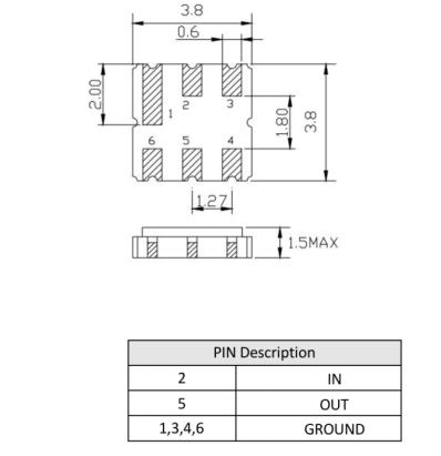 Technical outline drawing of LT-SF-460M-10M-3838 RF SAW Band Pass Filter with dimensions