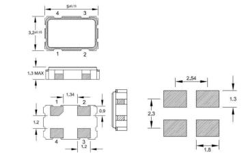 Outline drawing of LT-CR-O-20M-5032 crystal oscillator showing dimensions 5x3.2x1.3mm