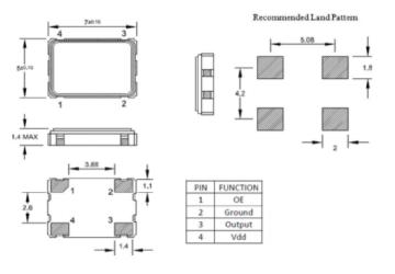 Technical drawing of LT-CR-O-20M-7050 crystal oscillator showing dimensions 7×5×1.4mm