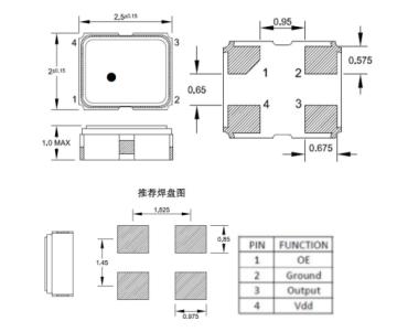 LT-CR-O-40M-2520 crystal oscillator outline drawing with dimensions 2.5x2x1mm