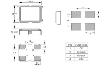 LT-CR-O-50M-3225 crystal oscillator dimensional drawing showing 3.2x2.5x1.2mm measurements