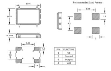 Mechanical drawing of LT-CR-O-50M-7050 crystal oscillator showing dimensions 7×5×1.4mm