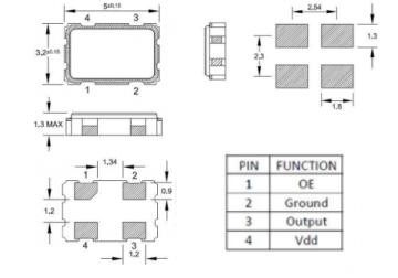 LT-CR-O-125M-5032 crystal oscillator dimensional drawing showing 5x3.2x1.3mm measurements