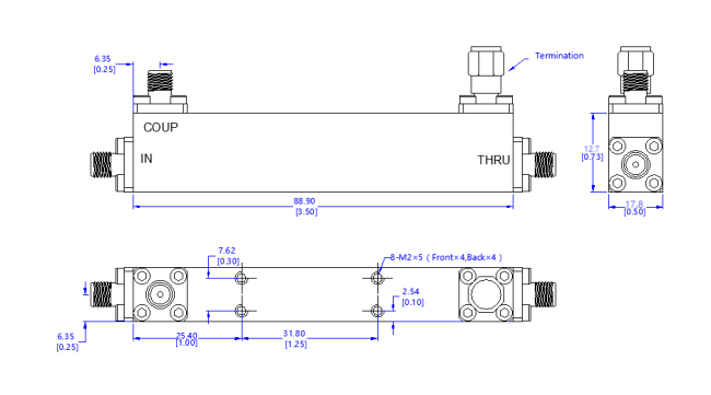 Technical drawing of LT-DC10-010100S 10dB Directional Coupler showing dimensions and connector placement