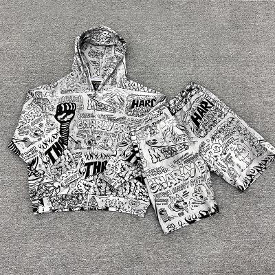 China Men's Streetwear Full DTG Print Hidden Zipper Hoodie Shorts Set Customized Size Custom Printing or Embroidered Design for sale