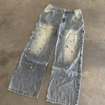 China Custom Rhinestone Wide Leg Diamond Denim Pants Manufacturer Vintage Distressed Oversized Wash Jeans Streetwear Baggy Denim Jeans for sale