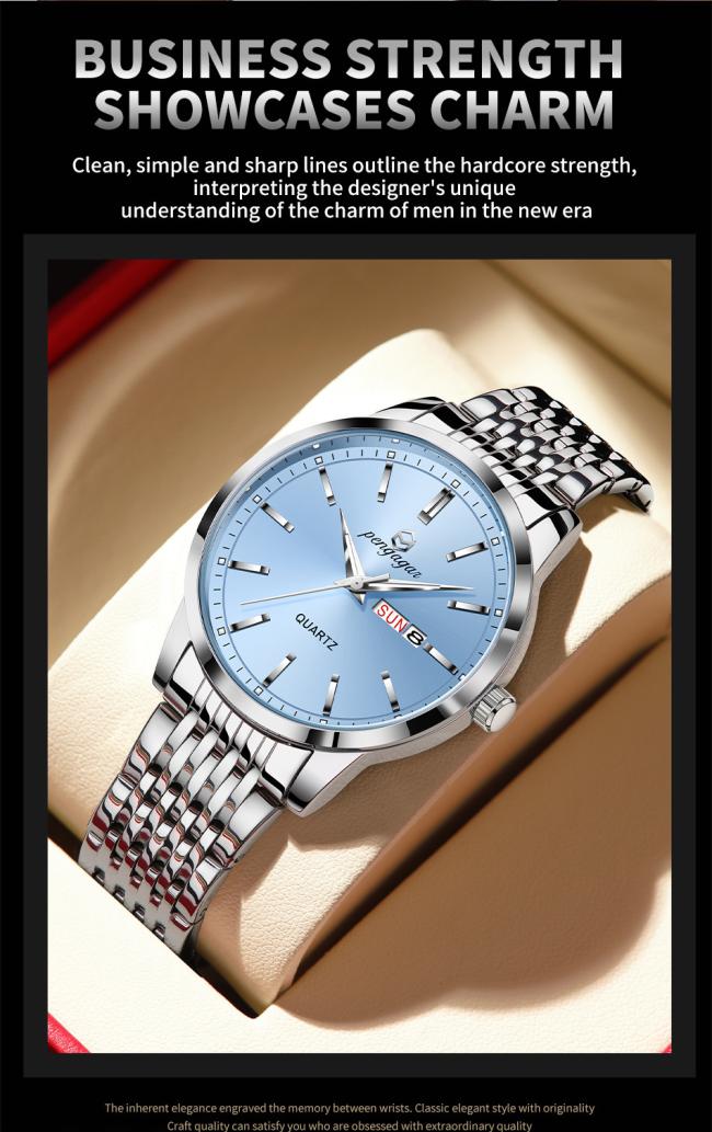 Pengagar Men Business Quartz Watch Dual Calendar Day Date Dial Stainless Steel Bracelet Luminous Waterproof Minimalist Dress Wristwatch 3 Colors Available