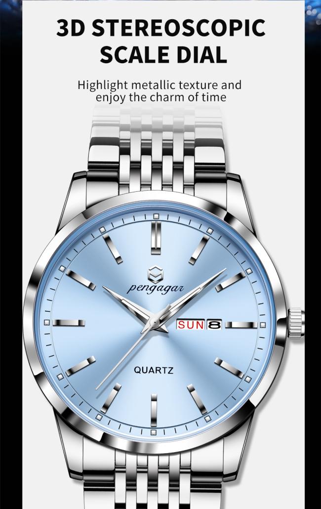 Pengagar Men Business Quartz Watch Dual Calendar Day Date Dial Stainless Steel Bracelet Luminous Waterproof Minimalist Dress Wristwatch 3 Colors Available