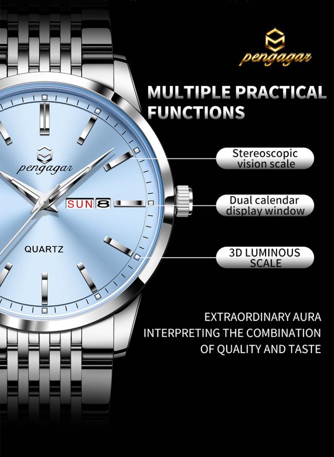 Pengagar Men Business Quartz Watch Dual Calendar Day Date Dial Stainless Steel Bracelet Luminous Waterproof Minimalist Dress Wristwatch 3 Colors Available