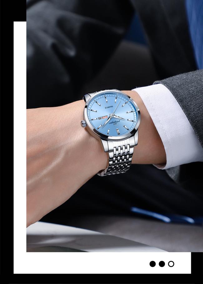 Pengagar Men Business Quartz Watch Dual Calendar Day Date Dial Stainless Steel Bracelet Luminous Waterproof Minimalist Dress Wristwatch 3 Colors Available