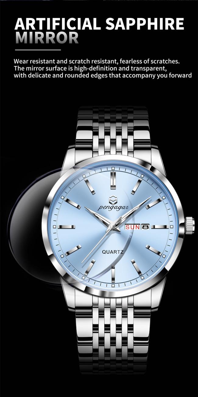 Pengagar Men Business Quartz Watch Dual Calendar Day Date Dial Stainless Steel Bracelet Luminous Waterproof Minimalist Dress Wristwatch 3 Colors Available