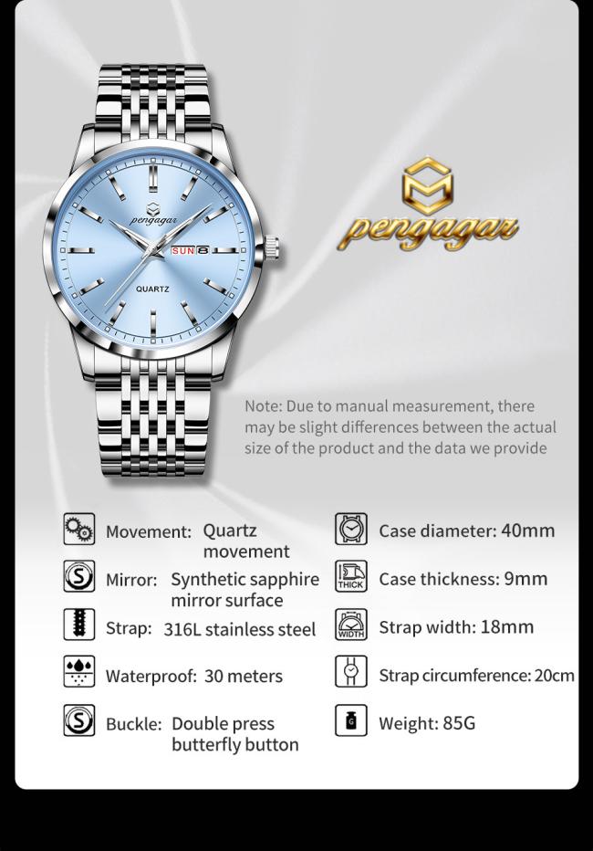 Pengagar Men Business Quartz Watch Dual Calendar Day Date Dial Stainless Steel Bracelet Luminous Waterproof Minimalist Dress Wristwatch 3 Colors Available