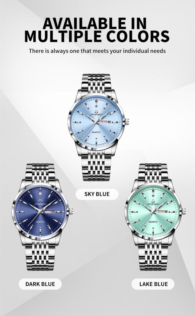 Pengagar Men Business Quartz Watch Dual Calendar Day Date Dial Stainless Steel Bracelet Luminous Waterproof Minimalist Dress Wristwatch 3 Colors Available