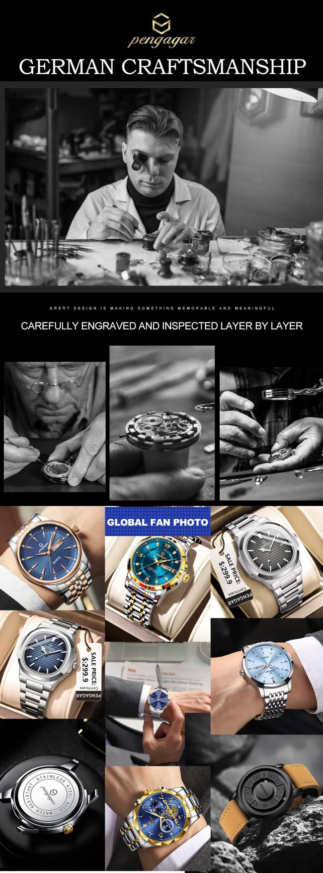 Pengagar Men Business Quartz Watch Dual Calendar Day Date Dial Stainless Steel Bracelet Luminous Waterproof Minimalist Dress Wristwatch 3 Colors Available