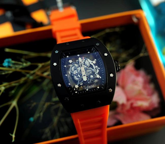 Tonneau Skeleton Dial Sports Wrist Watch for Men, Rubber Strap Luxury Hollow Dial Chronograph Business Male Wristwatch