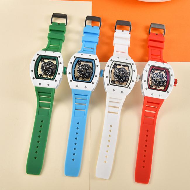 Tonneau Skeleton Dial Sports Wrist Watch for Men, Rubber Strap Luxury Hollow Dial Chronograph Business Male Wristwatch