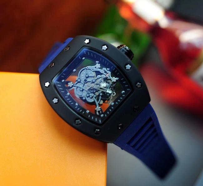 Tonneau Skeleton Dial Sports Wrist Watch for Men, Rubber Strap Luxury Hollow Dial Chronograph Business Male Wristwatch