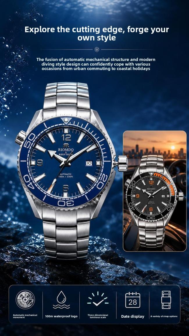 Riomdo Automatic Diver Watch, 100M Waterproof Sports Mechanical Watch, Large Dial Stainless Steel Men's Wristwatch