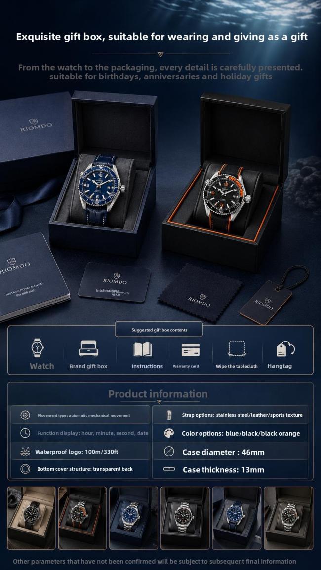 Riomdo Automatic Diver Watch, 100M Waterproof Sports Mechanical Watch, Large Dial Stainless Steel Men's Wristwatch