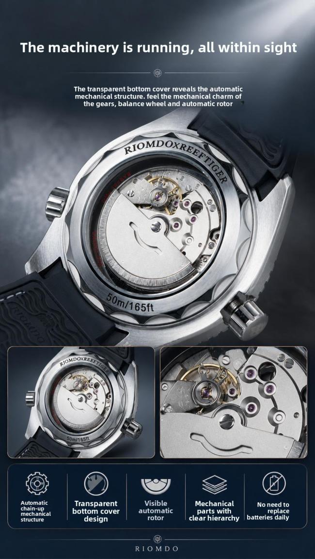 Riomdo Automatic Diver Watch, 100M Waterproof Sports Mechanical Watch, Large Dial Stainless Steel Men's Wristwatch