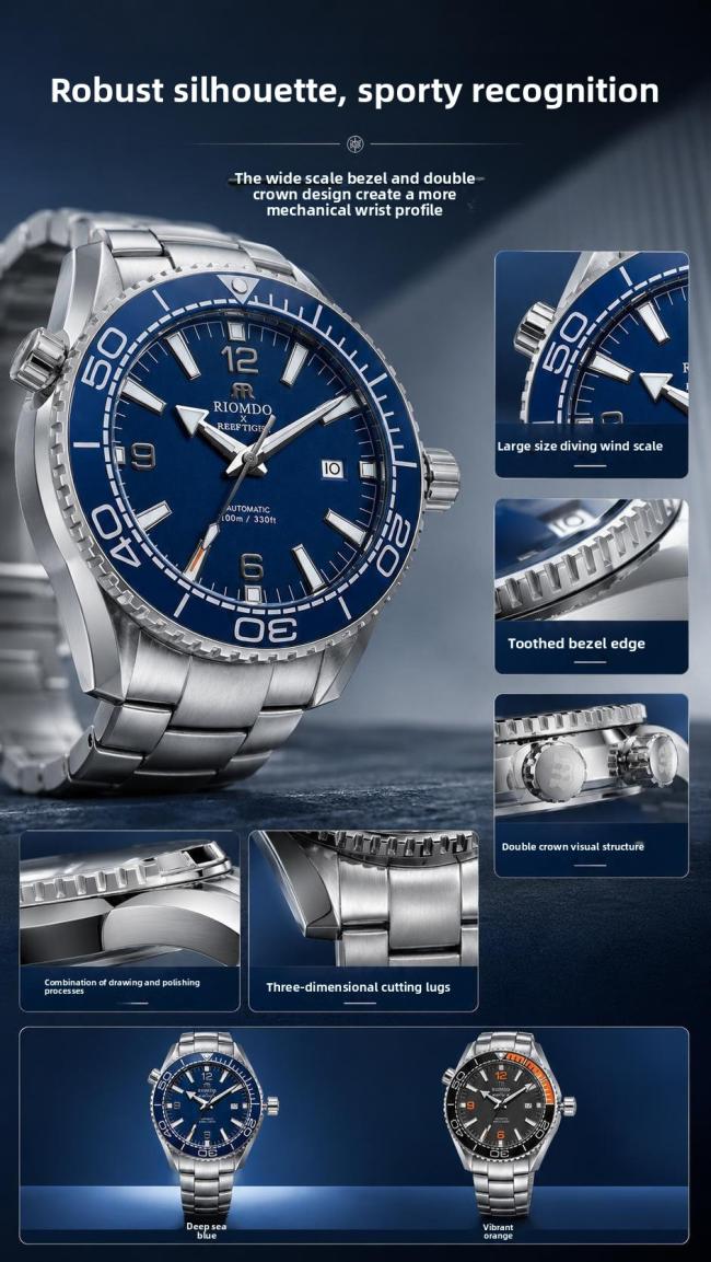 Riomdo Automatic Diver Watch, 100M Waterproof Sports Mechanical Watch, Large Dial Stainless Steel Men's Wristwatch