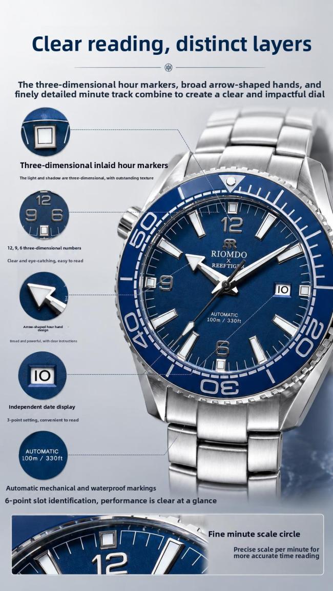 Riomdo Automatic Diver Watch, 100M Waterproof Sports Mechanical Watch, Large Dial Stainless Steel Men's Wristwatch