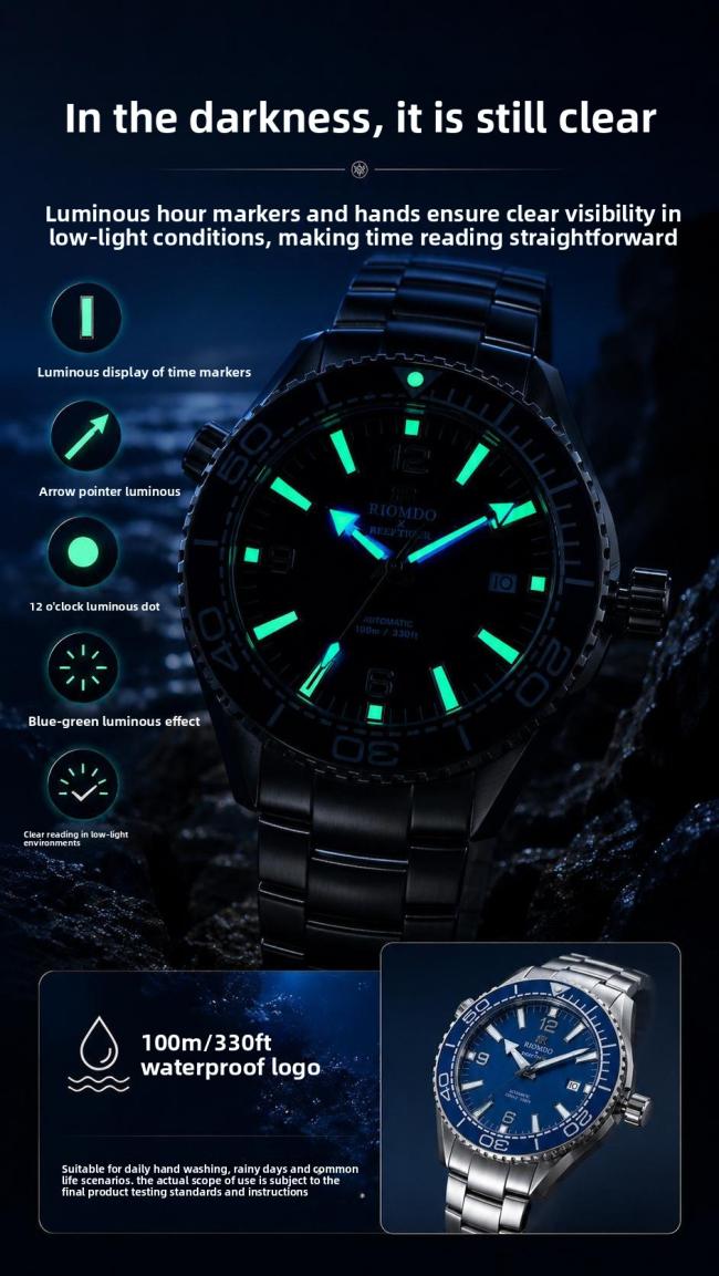 Riomdo Automatic Diver Watch, 100M Waterproof Sports Mechanical Watch, Large Dial Stainless Steel Men's Wristwatch