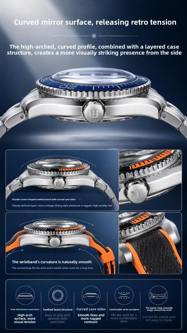 Riomdo Automatic Diver Watch, 100M Waterproof Sports Mechanical Watch, Large Dial Stainless Steel Men's Wristwatch