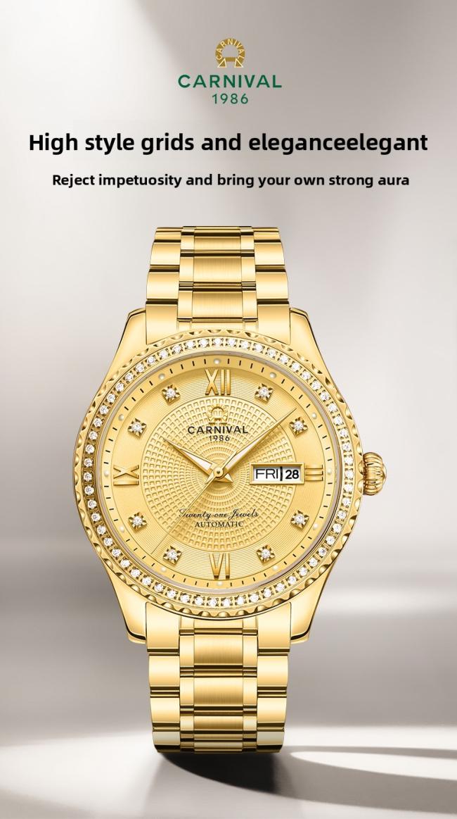 CARNIVAL Men Automatic Mechanical Wrist Watch, Stainless Steel Band, Diamond Bezel, Dual Calendar Luminous 30M Waterproof Business Dress Watch