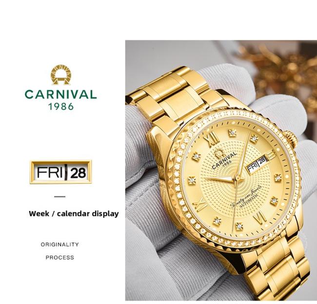 CARNIVAL Men Automatic Mechanical Wrist Watch, Stainless Steel Band, Diamond Bezel, Dual Calendar Luminous 30M Waterproof Business Dress Watch