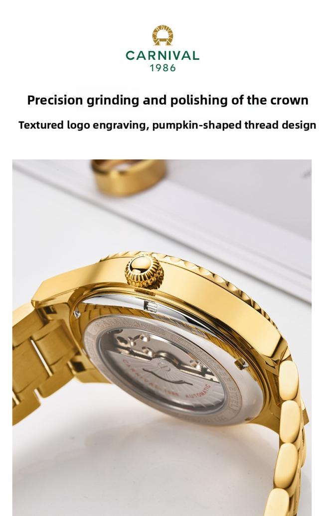 CARNIVAL Men Automatic Mechanical Wrist Watch, Stainless Steel Band, Diamond Bezel, Dual Calendar Luminous 30M Waterproof Business Dress Watch