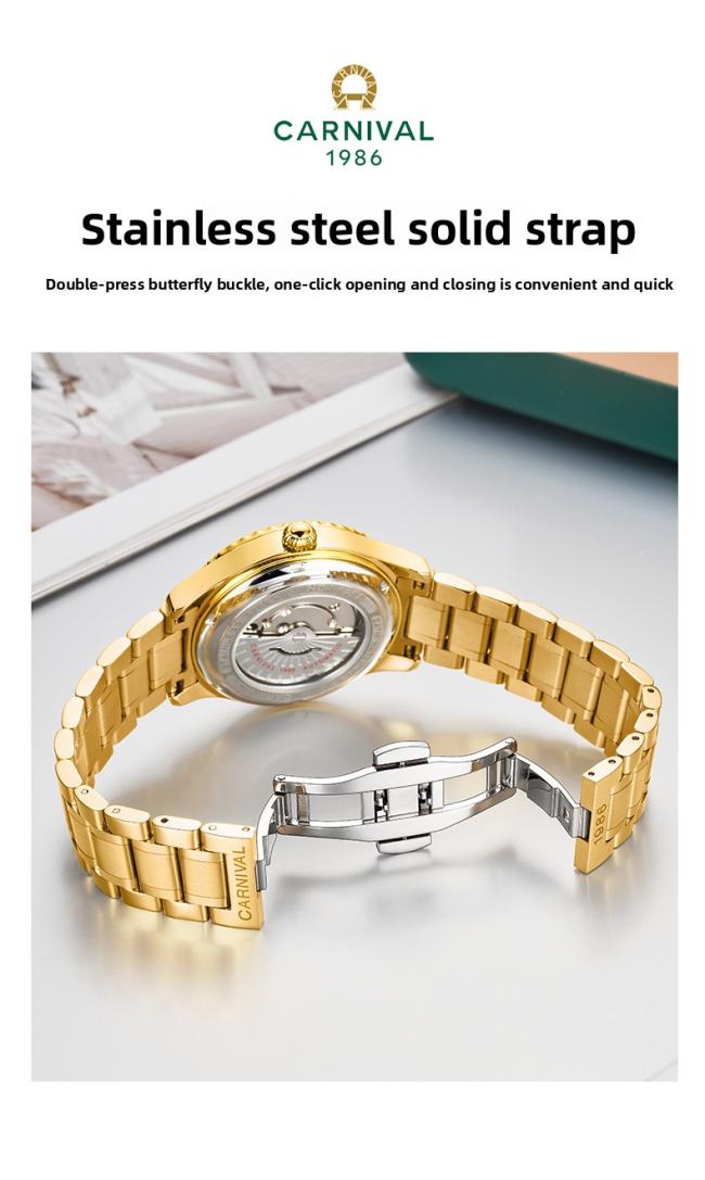 CARNIVAL Men Automatic Mechanical Wrist Watch, Stainless Steel Band, Diamond Bezel, Dual Calendar Luminous 30M Waterproof Business Dress Watch